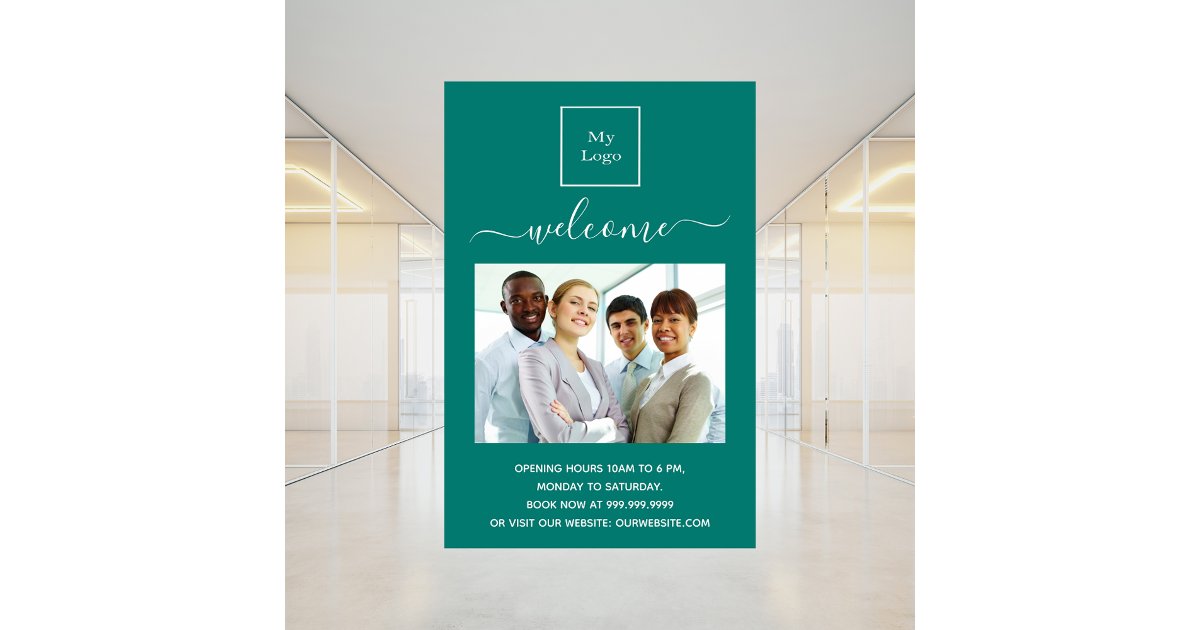 Green business logo photo welcome opening hours poster | Zazzle