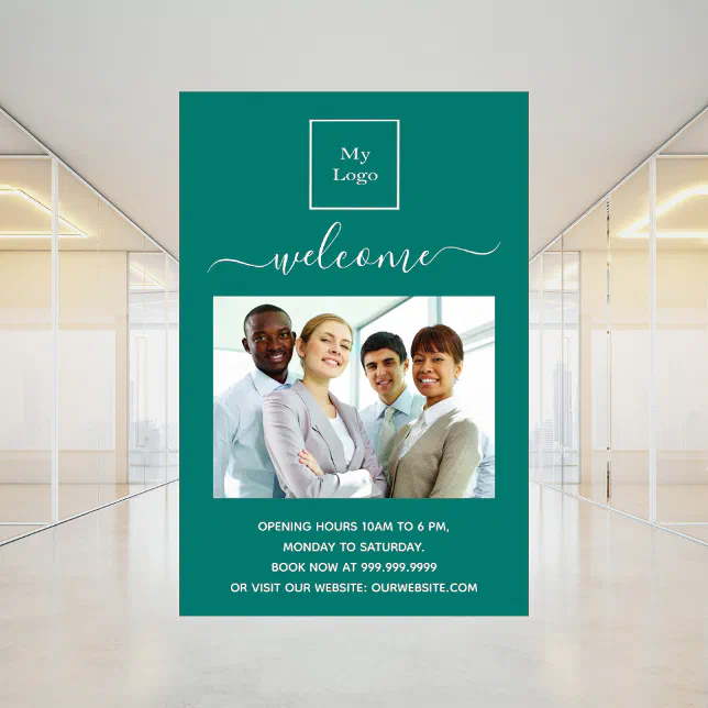 Green business logo photo welcome opening hours poster | Zazzle