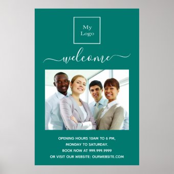 Green business logo photo welcome opening hours poster | Zazzle