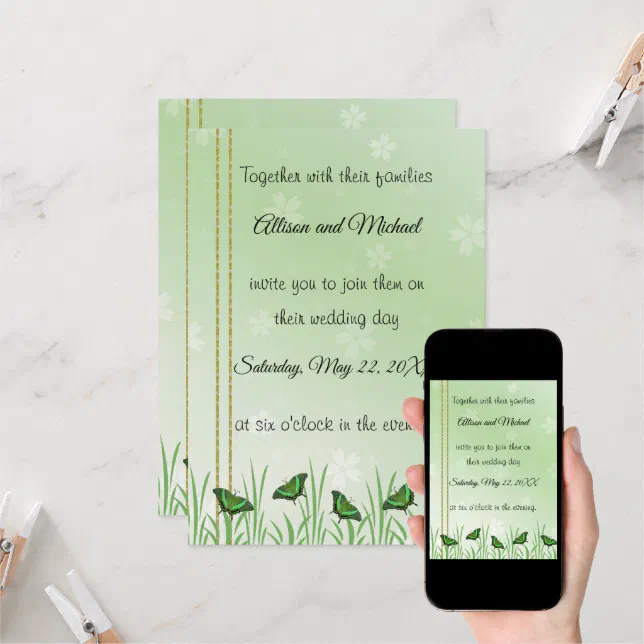 Green butterfly on light green - wedding invitation | Zazzle