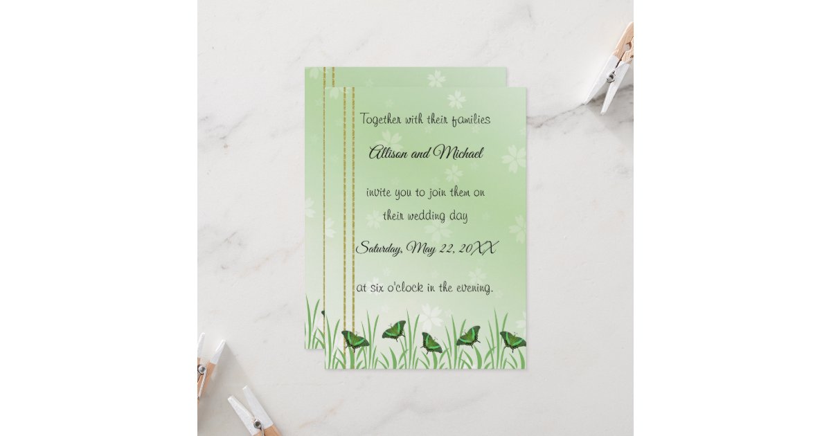 Green butterfly on light green - wedding invitation | Zazzle