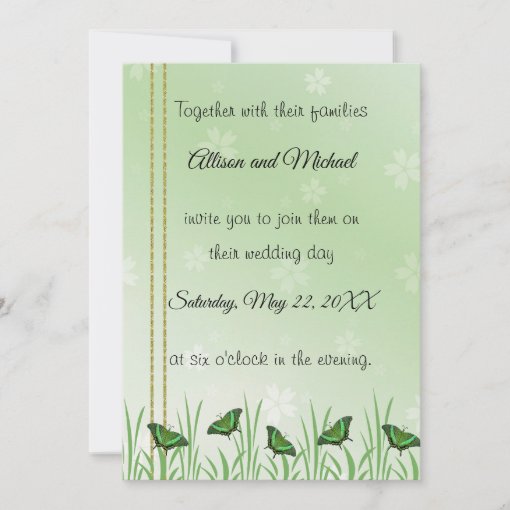 Green butterfly on light green - wedding invitation | Zazzle