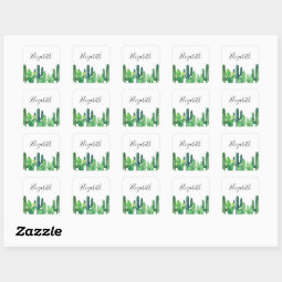 Green cactus. Watercolor cacti. Name. Botanical Square Sticker | Zazzle