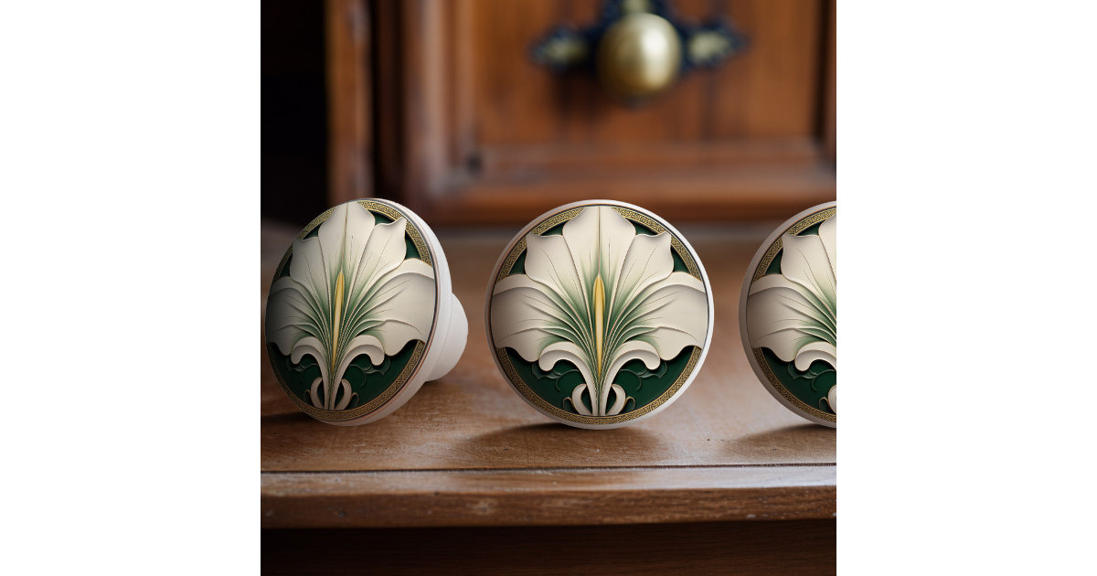 Green Calla Lily Gold Art Nouveau Ceramic Knob | Zazzle