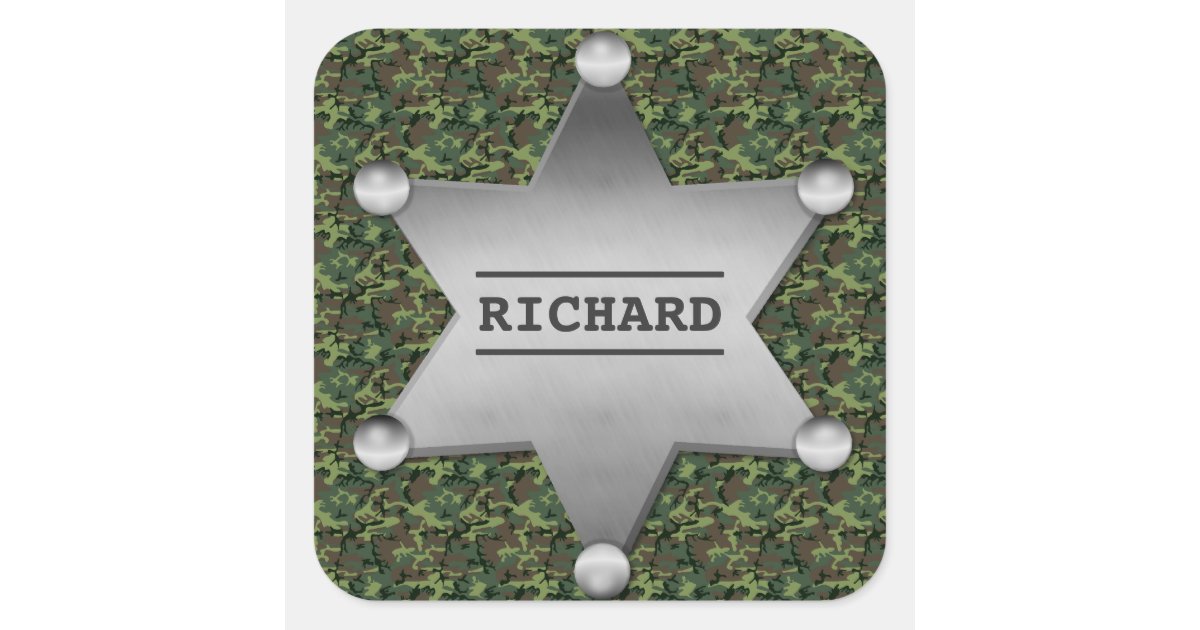 Green Camouflage Pattern Sheriff Name Badge Square Sticker | Zazzle