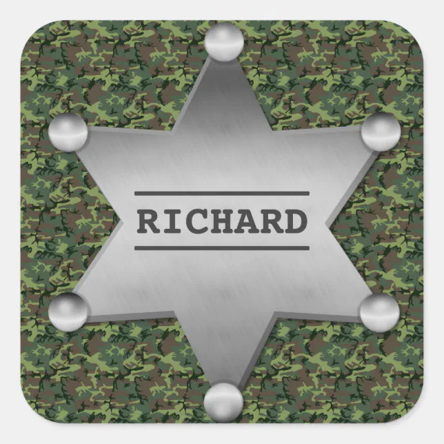 Green Camouflage Pattern Sheriff Name Badge Square Sticker | Zazzle