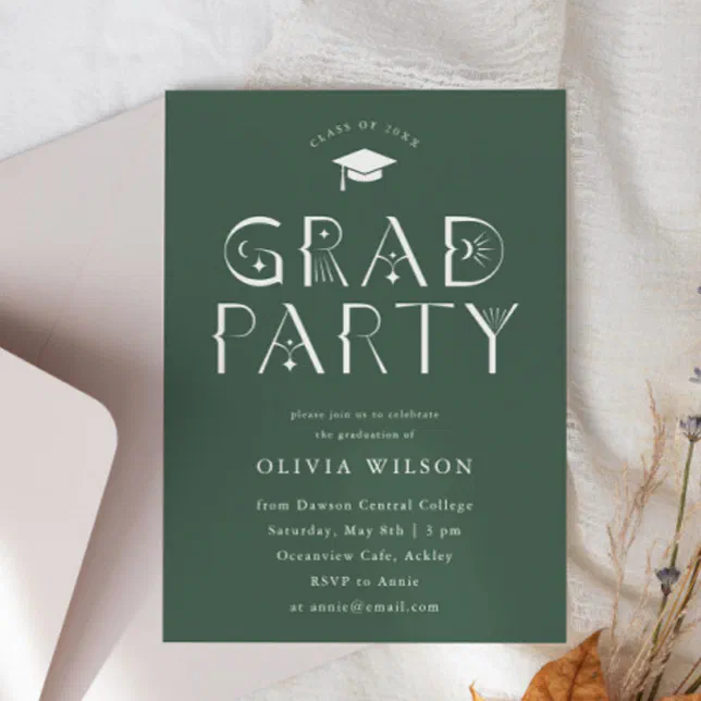 Green Celestial Typography Grad Party Invitation | Zazzle
