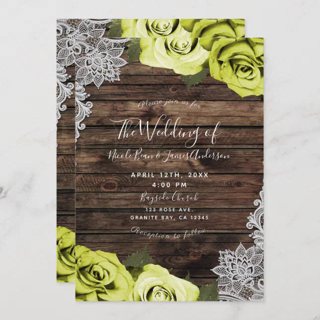 Green Chartreuse Floral Roses Wood Lace Wedding Invitation | Zazzle