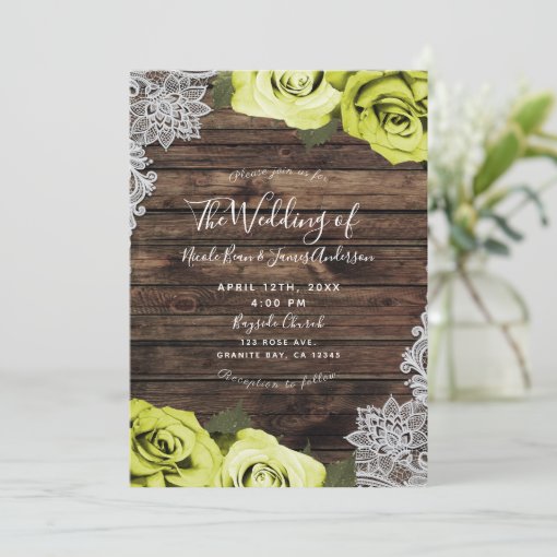 Green Chartreuse Floral Roses Wood Lace Wedding Invitation | Zazzle