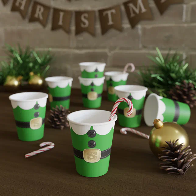 Green Christmas Elf Costume Holiday Paper Cups | Zazzle