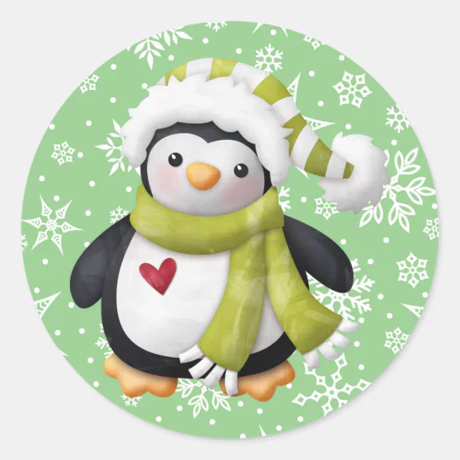 Green Christmas Penguin Round Sticker | Zazzle