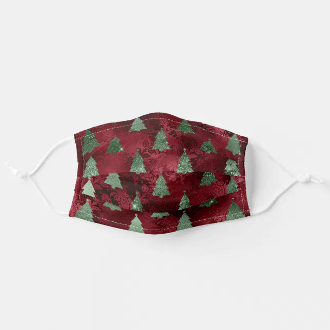 Green Christmas Trees Red Damask Holiday Adult Cloth Face Mask | Zazzle