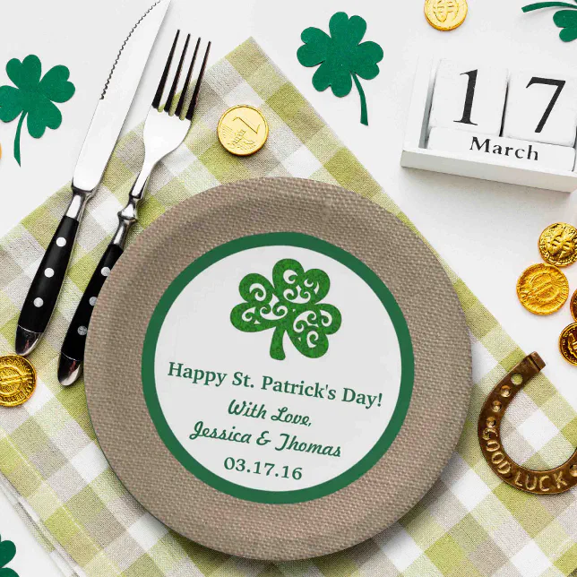 Green Clover & Burlap St. Patrick's Day Paper Plates | Zazzle