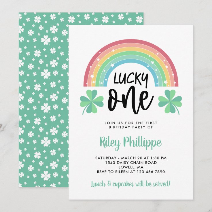 Green Clover & Rainbow Lucky One First Birthday Invitation | Zazzle