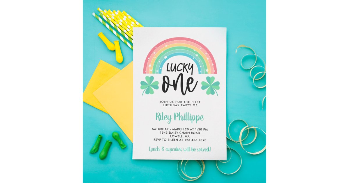 Green Clover & Rainbow Lucky One First Birthday Invitation | Zazzle
