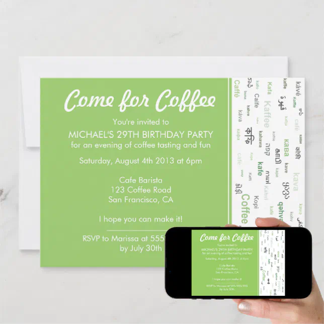 Green Coffee tasting birthday party invitations | Zazzle