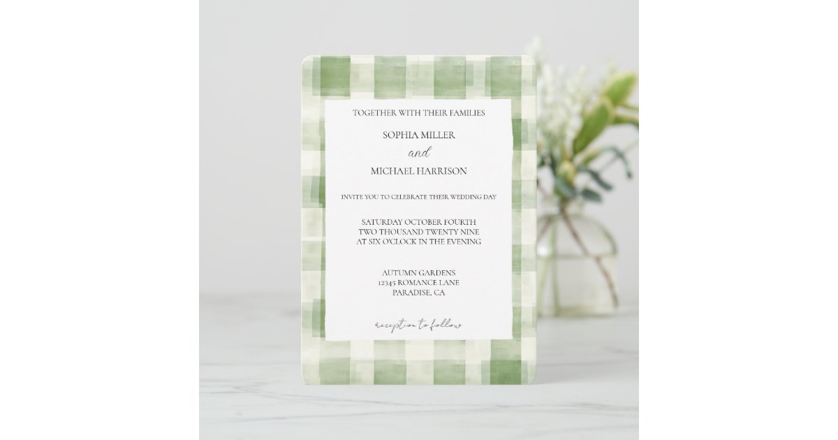 Green Cream Plaid Stripes Country Wedding Invitation | Zazzle