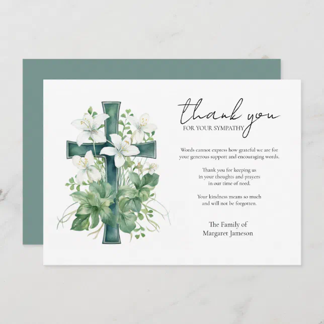 Green Cross Lilies Sympathy Condolence Appreciatio Thank You Card | Zazzle