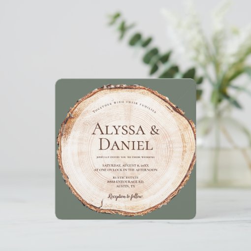 Green Custom Rustic Wedding Wood Cut Grain Invitation | Zazzle