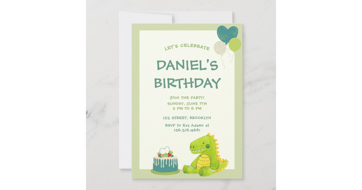 Green Cute Dinosaur Birthday Party Invitation | Zazzle