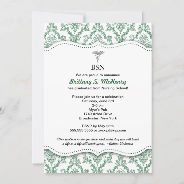 Green Damask Nurse graduation pinning invites | Zazzle