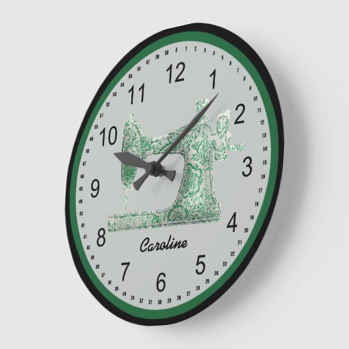 Green Damask Sewing Machine Wall Clock | Zazzle