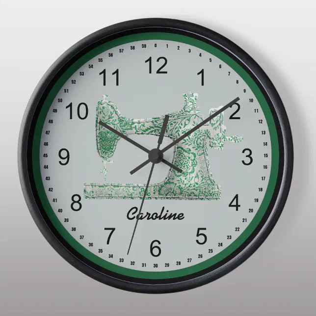 Green Damask Sewing Machine Wall Clock | Zazzle