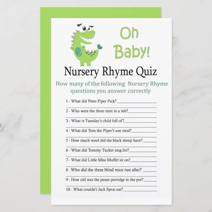 Green Dinosaur Nursery Rhyme Quiz baby shower game | Zazzle