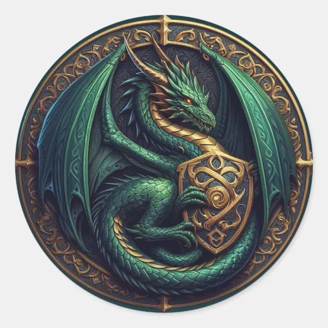 Green Dragon w/ Shield Classic Round Sticker | Zazzle