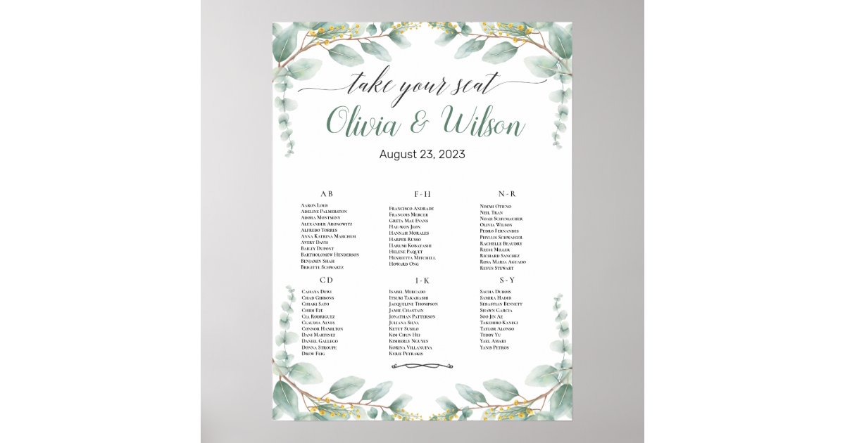 Green Elegant Alphabet Wedding Seating Chart | Zazzle