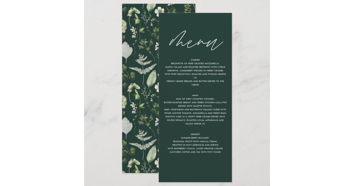 Green elegant modern botanical script wedding menu | Zazzle