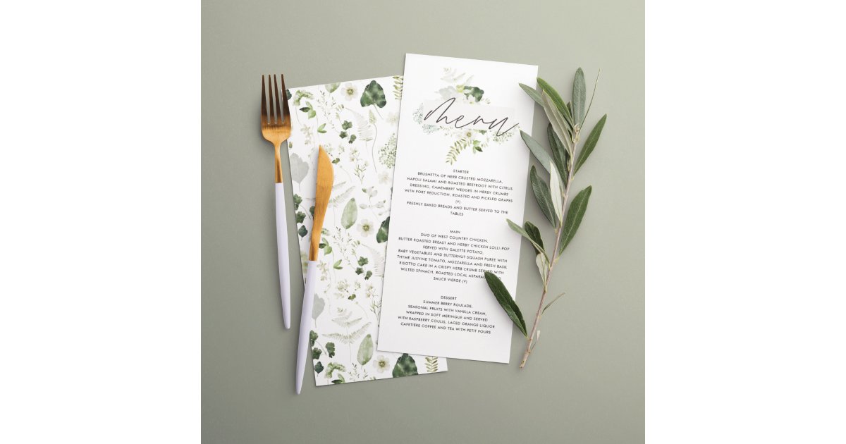 Green elegant modern botanical script wedding menu | Zazzle