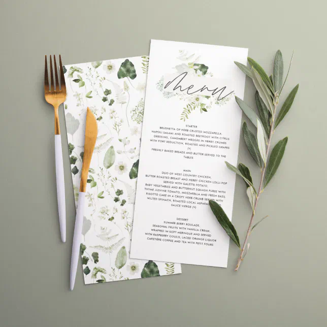 Green elegant modern botanical script wedding menu | Zazzle