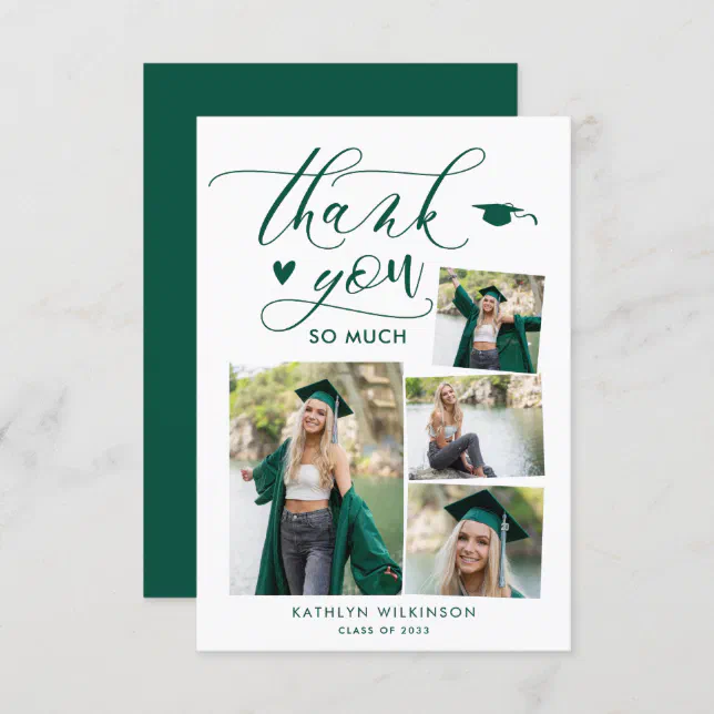 Green Elegant Script 4 Photo Collage Graduation Thank You Card | Zazzle