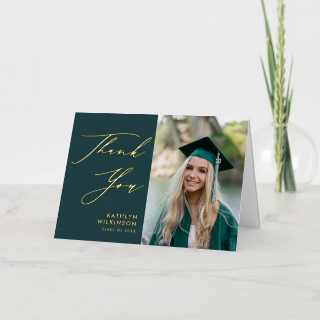 Green Elegant Script Photo Graduation Thank You Foil Greeting Card | Zazzle