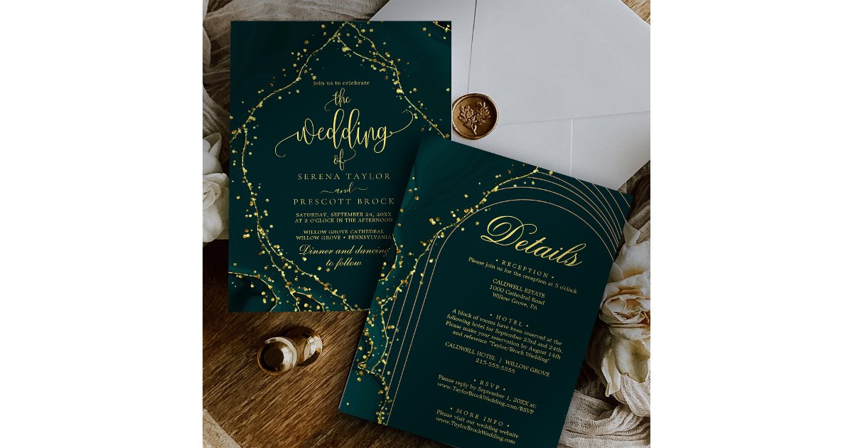 Green Emerald Calligraphy All in One Wedding Invitation | Zazzle