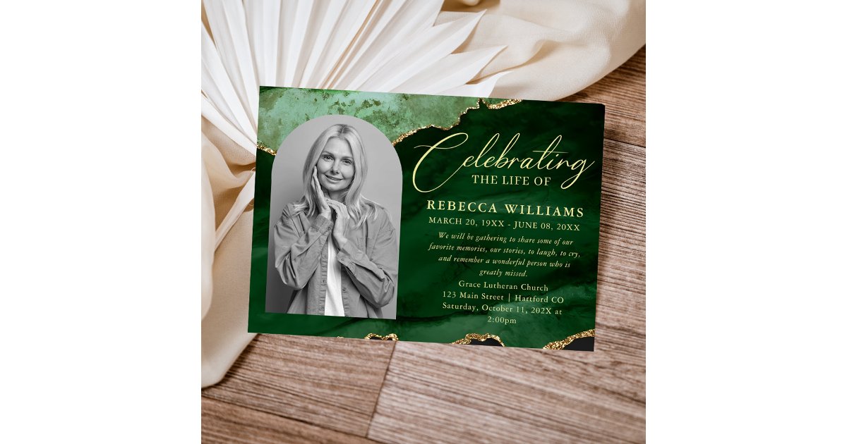 Green Emerald Calligraphy Celebration of Life Invitation | Zazzle