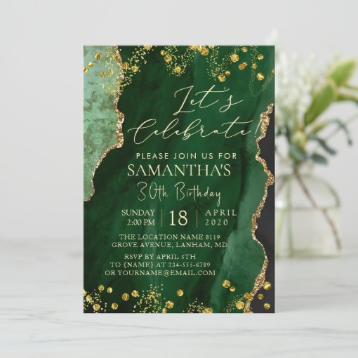Green Emerald Gold Birthday Party Invitation | Zazzle