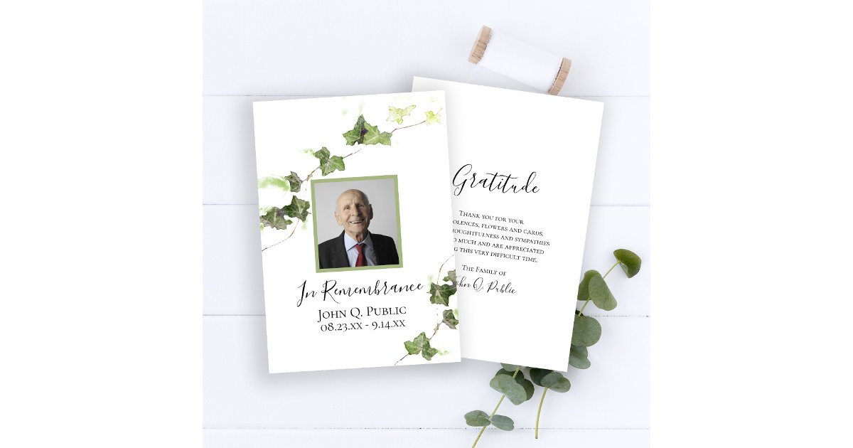 Green English Ivy Vine Watercolor Funeral Sympathy Thank You Card | Zazzle