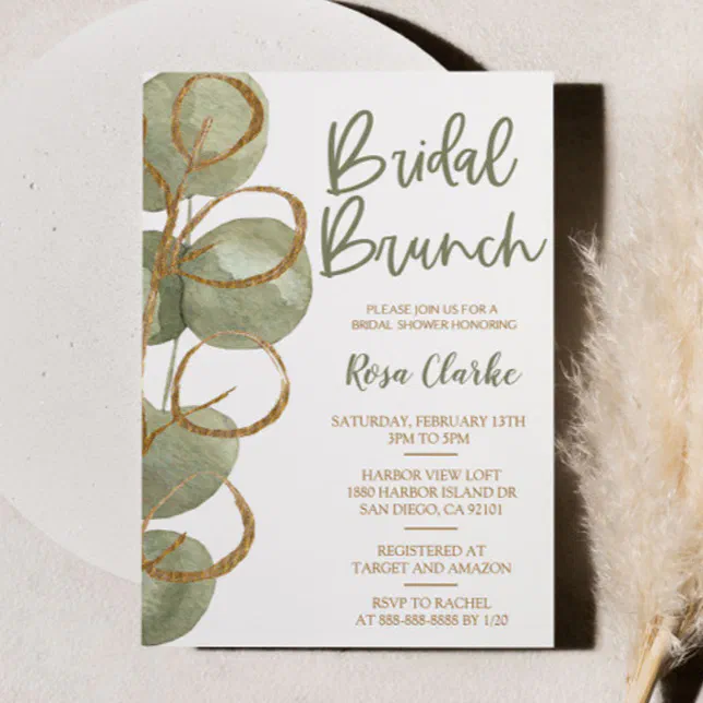 Green Eucalyptus and Gold Foil Bridal Brunch Invitation | Zazzle