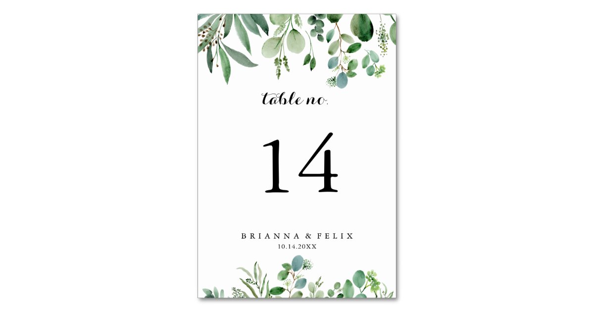 Green Eucalyptus Botanical Calligraphy Wedding Table Number | Zazzle