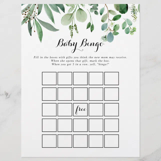Green Eucalyptus Foliage Baby Bingo Shower Game | Zazzle
