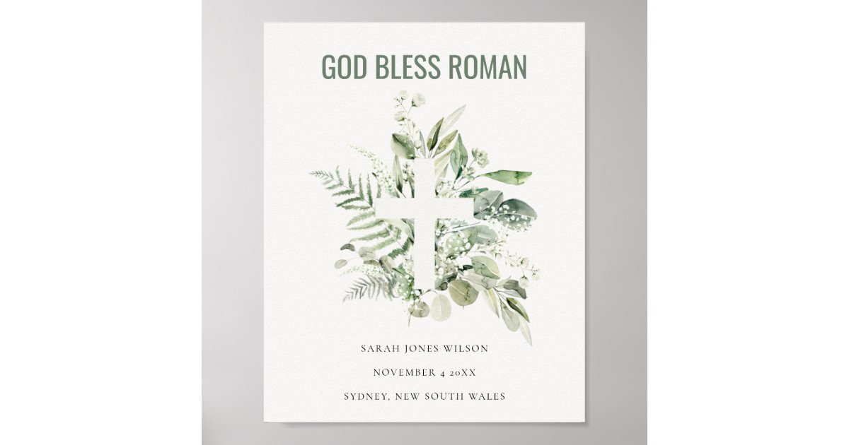 Green Eucalyptus Foliage Cross God Bless Roman Poster | Zazzle