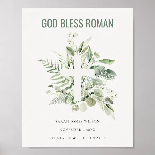 Green Eucalyptus Foliage Cross God Bless Roman Poster | Zazzle