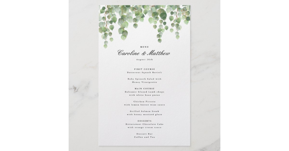Green Eucalyptus Foliage Paper Dinner Menu | Zazzle Green Eucalyptus Foliage Paper Dinner Menu | Zazzle