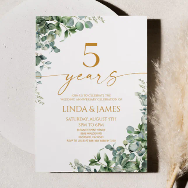 Green Eucalyptus Gold 5th Wedding Anniversary Invitation | Zazzle