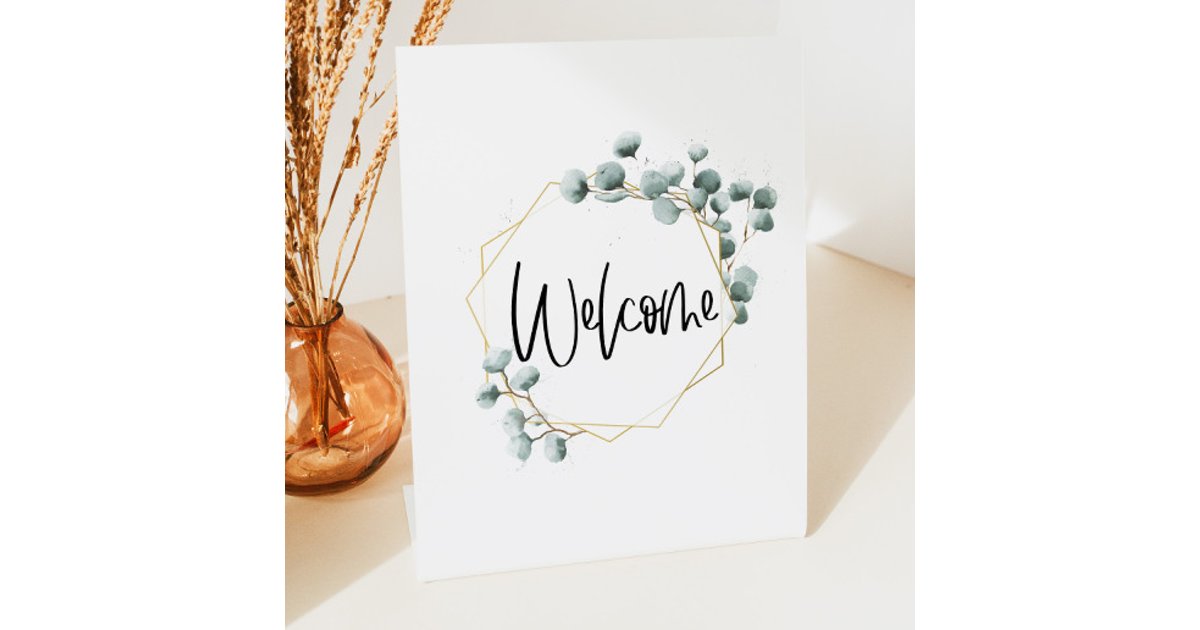 Green Eucalyptus Gold Frame Mini Welcome Sign | Zazzle