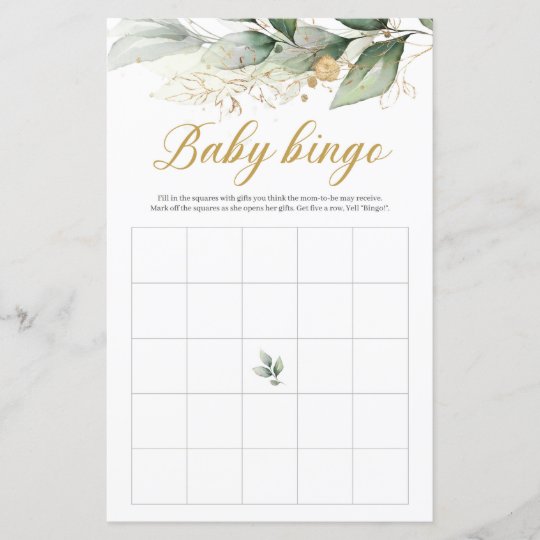 Green eucalyptus gold leaves boho baby bingo game | Zazzle.com