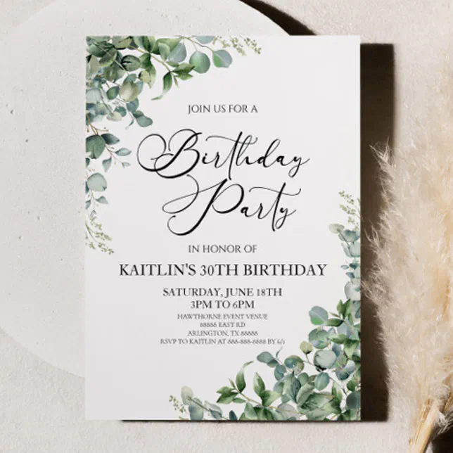 Green Eucalyptus Leaves Botanical Birthday Party Invitation | Zazzle