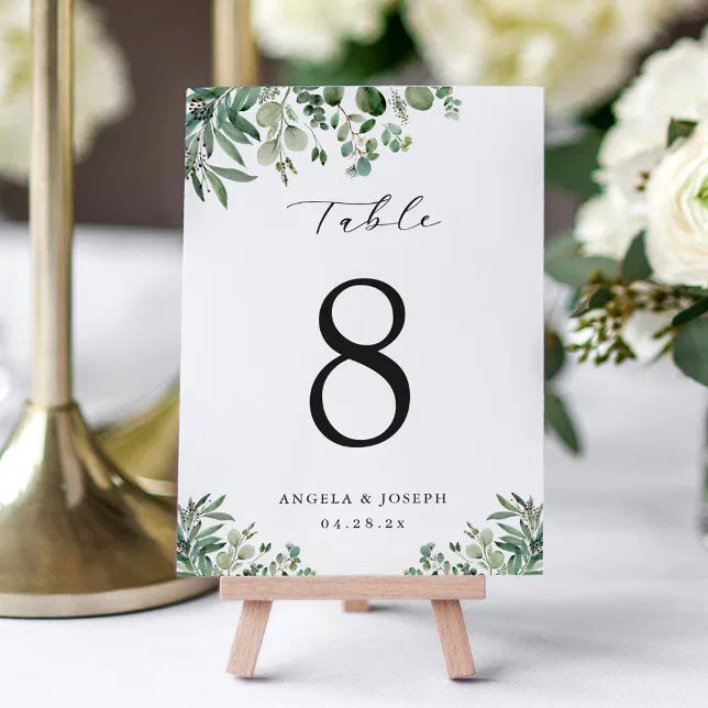 Green Eucalyptus Leaves Wedding Table Number Card | Zazzle